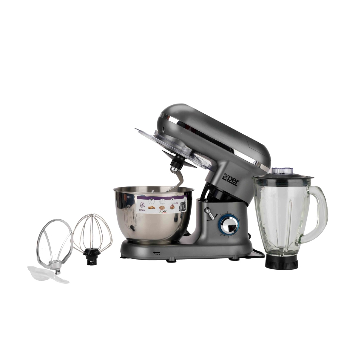 Xper Mixer 1100 Watt 4.5 L. with 1.5 L. Glass Blender, Silver XPSM ...