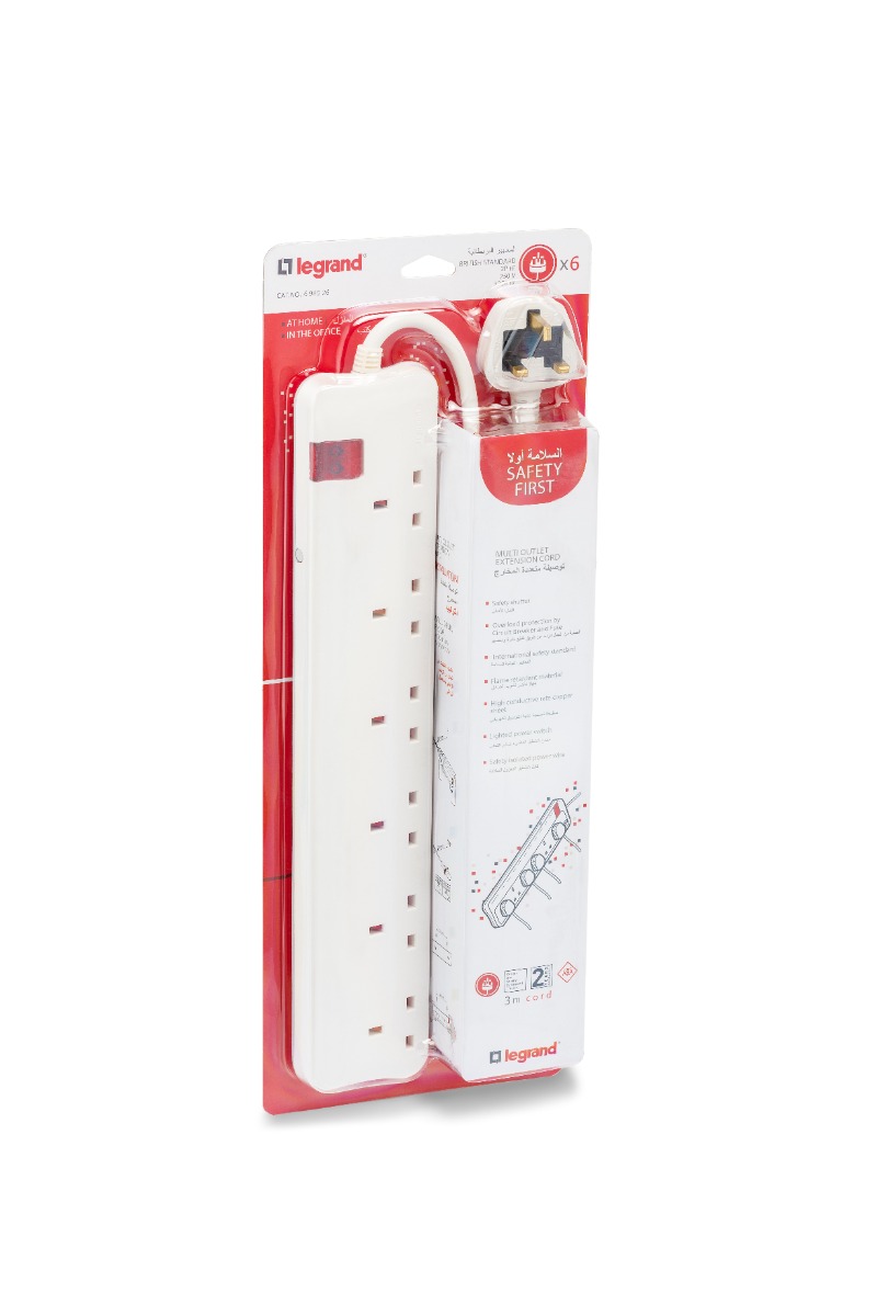 Legrand Power Extension Cord 6 Sockets 3M Long Cord White - Almanea