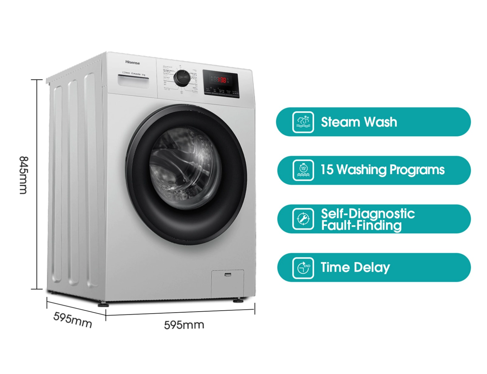 Hisense front load washing machine, 9 kg, 15 programs, 75% dryness ...